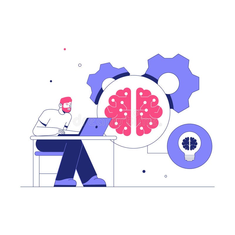 Male Data Analyst Working on Laptop with Brain and Gear Graphics in ...