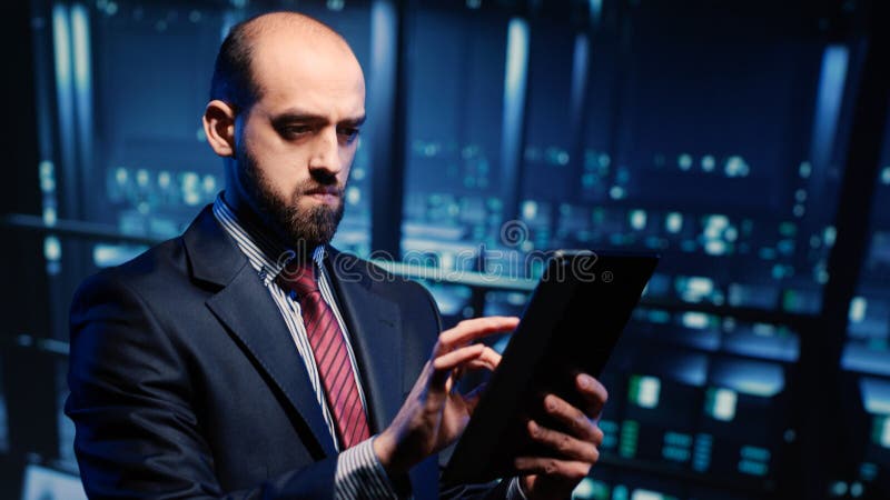 Male Database Admin Checking Hosting Server on Tablet Stock Photo ...