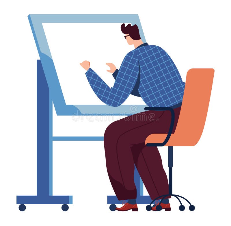 Male Designer Drawing at Drafting Table. Creative Architect Sketching ...