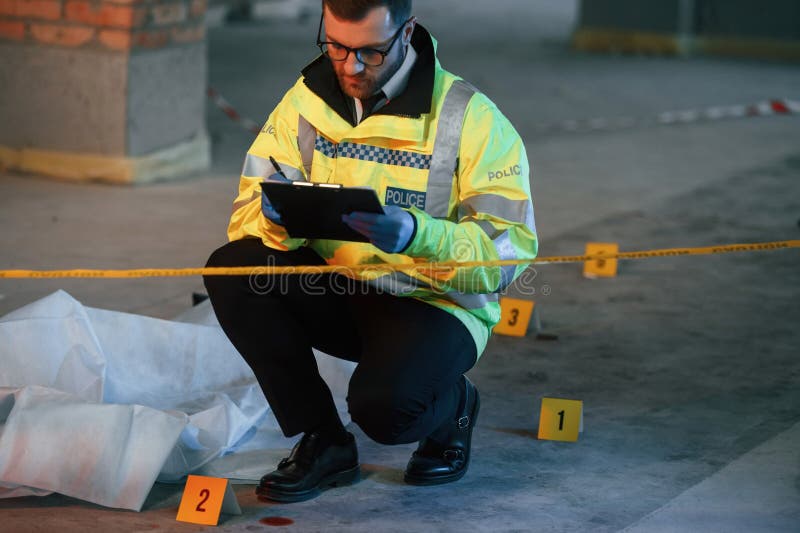 Male Detective Is Collecting Evidence In A Crime Scene Near Dead Body