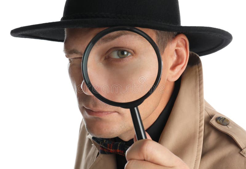 Male Detective Looking through Magnifying Glass on White Background ...