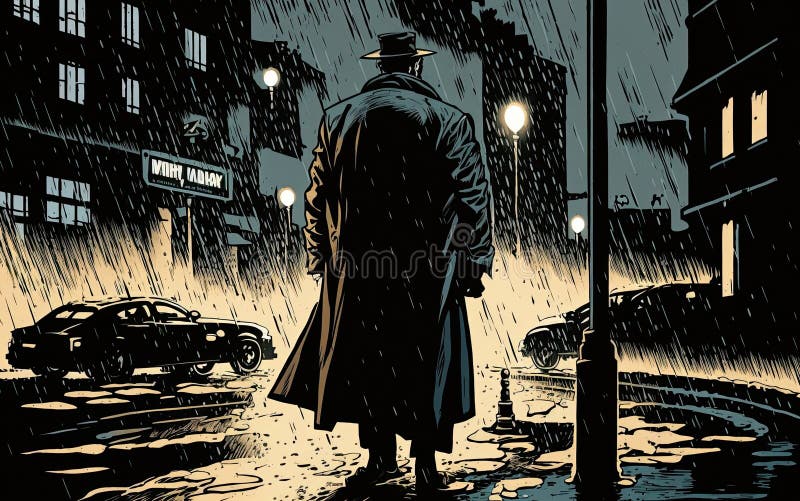 Male Detective Stands with His Back on a Night Street with Rain in the ... Male Detective Stands with His Back on a Night Street with Rain in the ...
