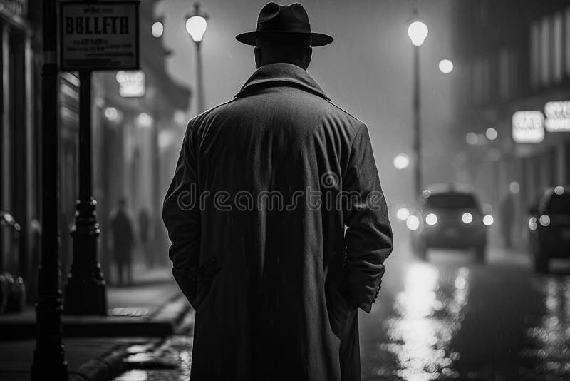 Male Detective Stands with His Back on a Night Street with Rain in the ... Male Detective Stands with His Back on a Night Street with Rain in the ...