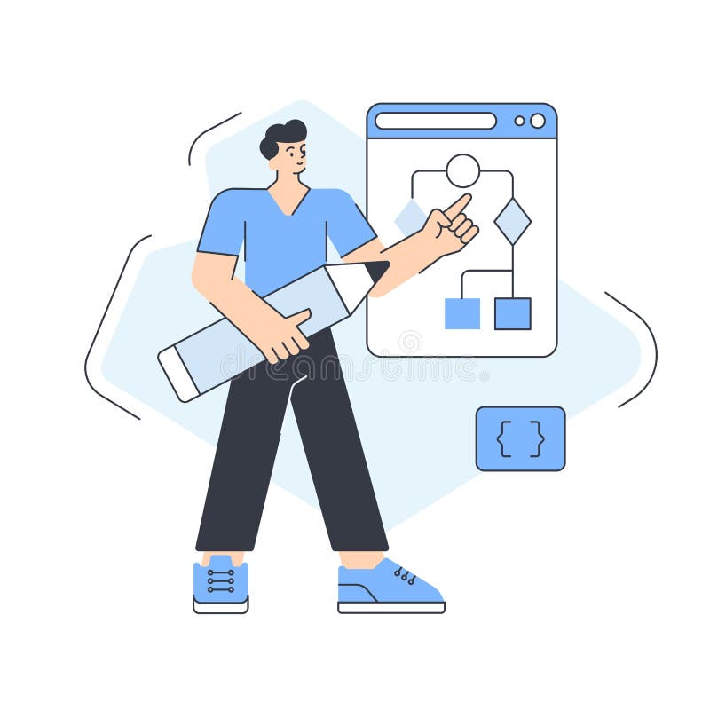 Male Developer Analyzing Scheme Web Site Software Coding Process Script Technology Server Vector