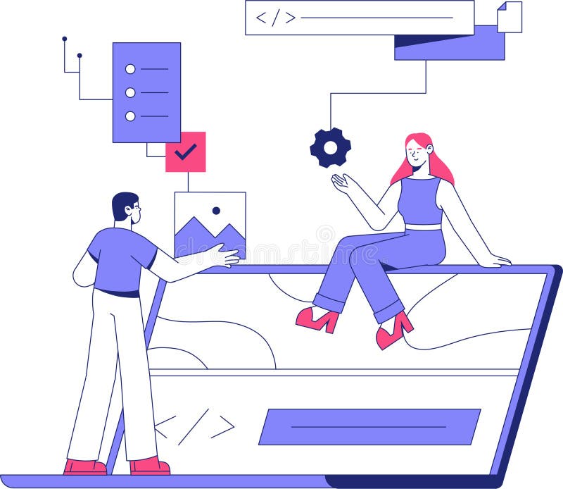 Male and Female Developers with Laptop in Flat Vector Illustration ...