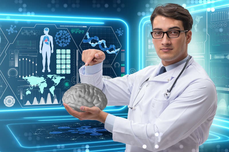 Male Doctor with the Brain in Medical Concept Stock Photo - Image of ...