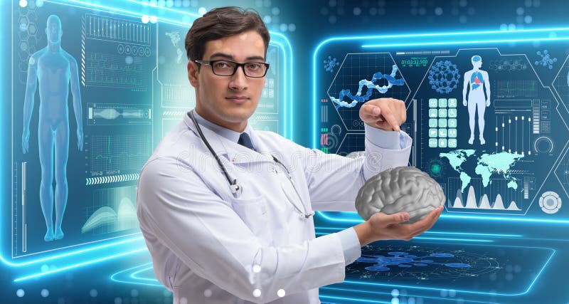 The Male Doctor with the Brain in Medical Concept Stock Image - Image ...
