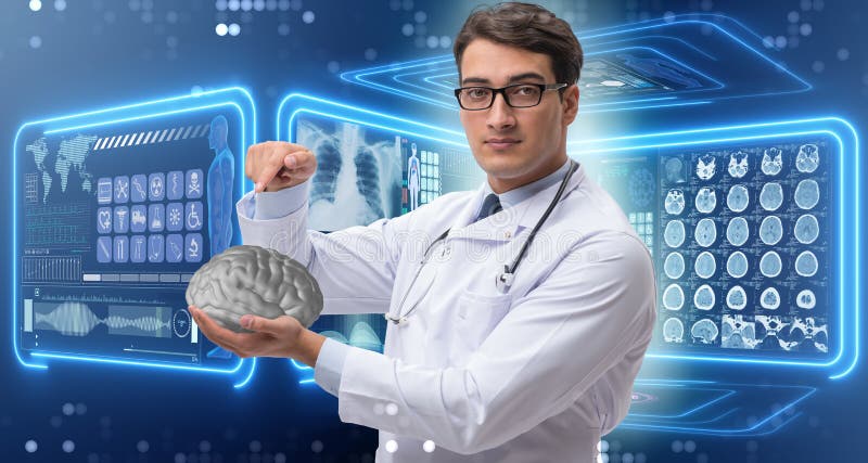The Male Doctor with the Brain in Medical Concept Stock Photo - Image ...