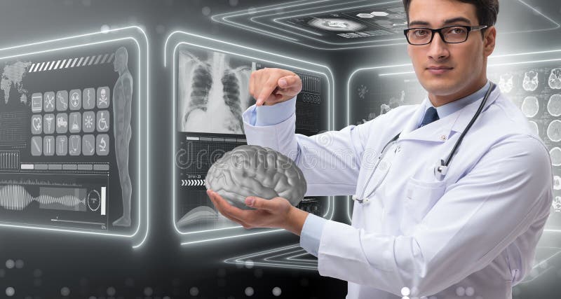 The Male Doctor with the Brain in Medical Concept Stock Image - Image ...