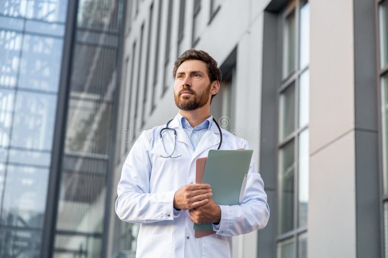 Determined Male Doctor in a Lab Coat with a Prescription List in Hands ...