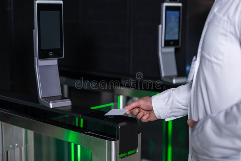 Male Doctor Lab Coat Entering Clinic Using Access Card Stock Photos ...