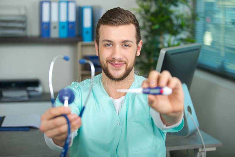 Male Doctor with Thermometer and Stethoscope Stock Image - Image of ...