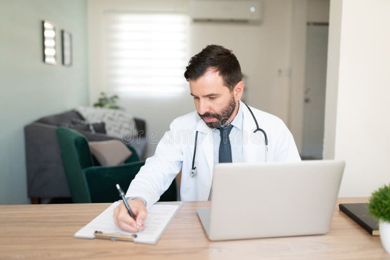 Male Doctor Working from Home Stock Photo - Image of consultation, file ...