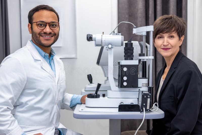 Male Doctor Working on Optometric Equipment at Clinic Stock Image ...