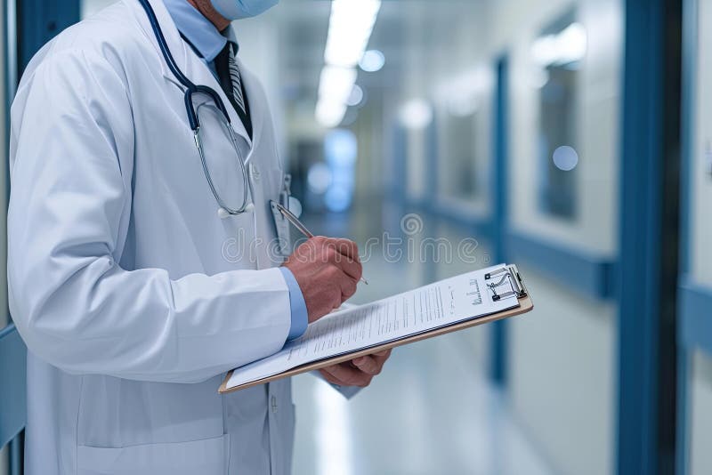 Male Doctor Writes Notes on the Clipboard in the Hospital Stock ...