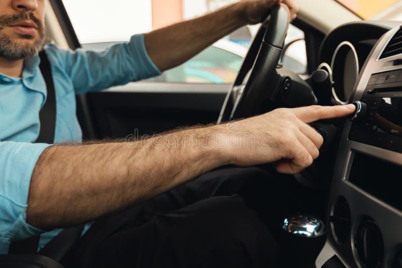 Male Driver Pushing Control Button on Panel Driving Car, Cropped Stock ...