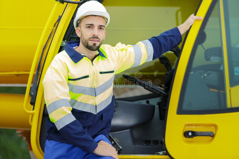 Male Driver Stood by Door Crane Stock Photo - Image of equipment ...