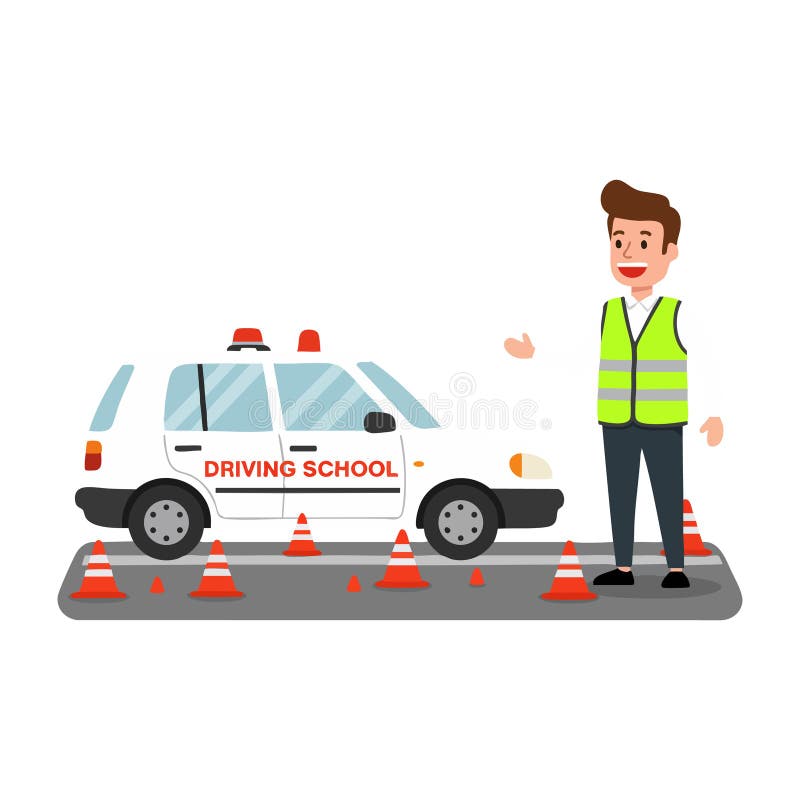 Driving School Instructor with Car and Traffic Cones Teaching Safe ...