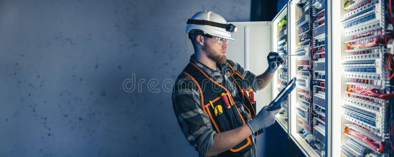 A Male Electrician in Overalls, Focused on Work in Switchboard with ...