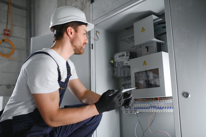 A Male Electrician Works in a Switchboard with an Electrical Connecting ...