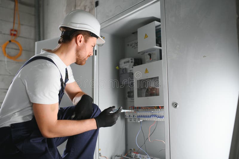 A Male Electrician Works in a Switchboard with an Electrical Connecting ...
