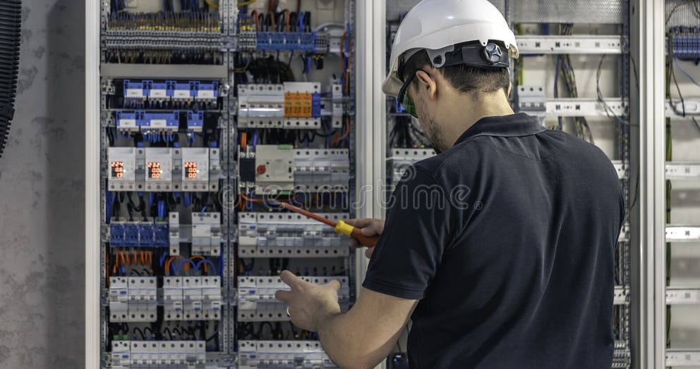 A Male Electrician Works in a Switchboard Using an Electrical ...