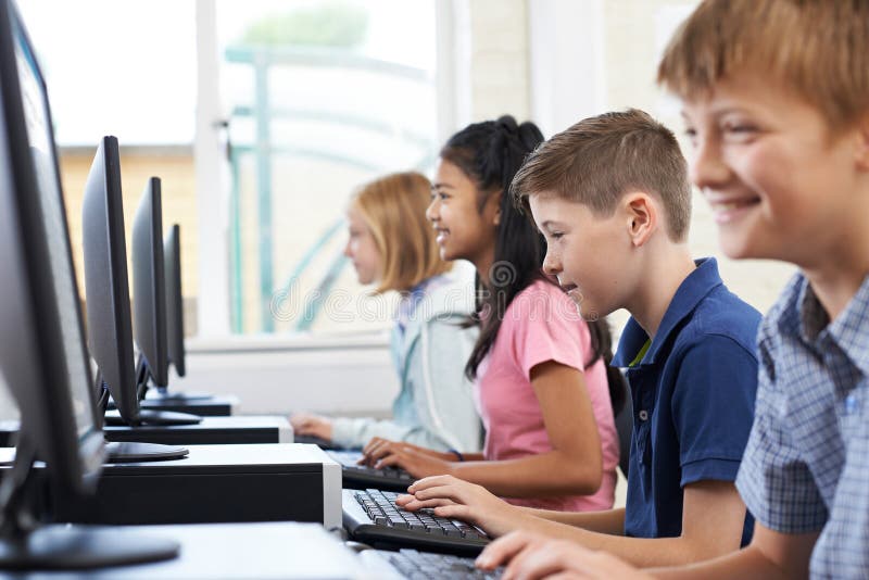 Line of Elementary Pupils in Computer Class Stock Photo - Image of ...