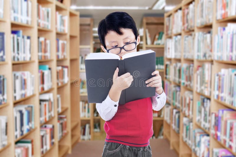 Male Elementary School Student in Library Stock Image - Image of ...
