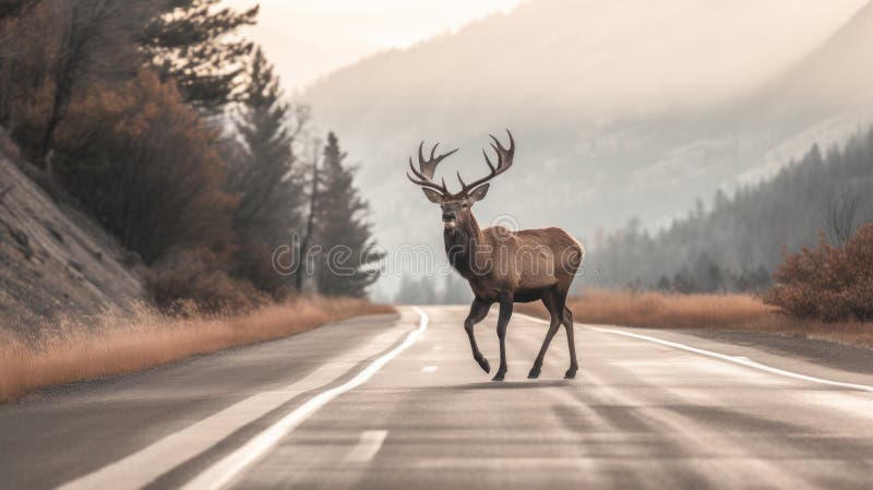 Male Elk Runs Across a Road. Generative AI Stock Illustration ...