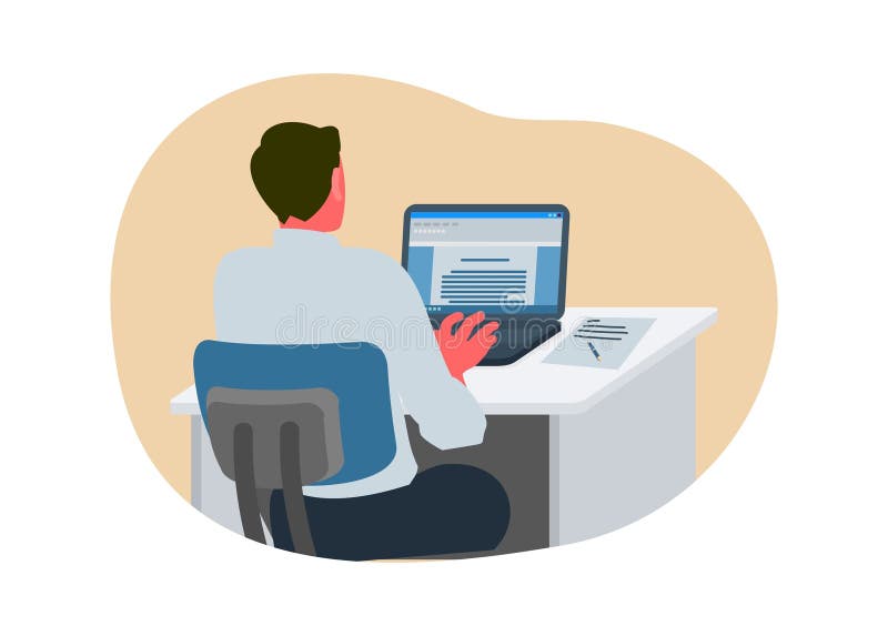 Male Employee Typing on the Laptop. Backside View. Simple Flat ...