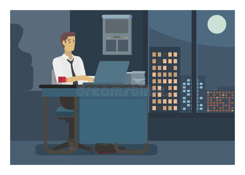Male Employee Working Overnight in the Office. Simple Flat Illustration ...