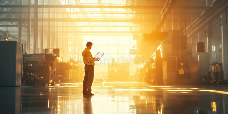 Male Engineer Analyzing Machinery Components for Precision Manufacturing in a Bright, Spacious ...