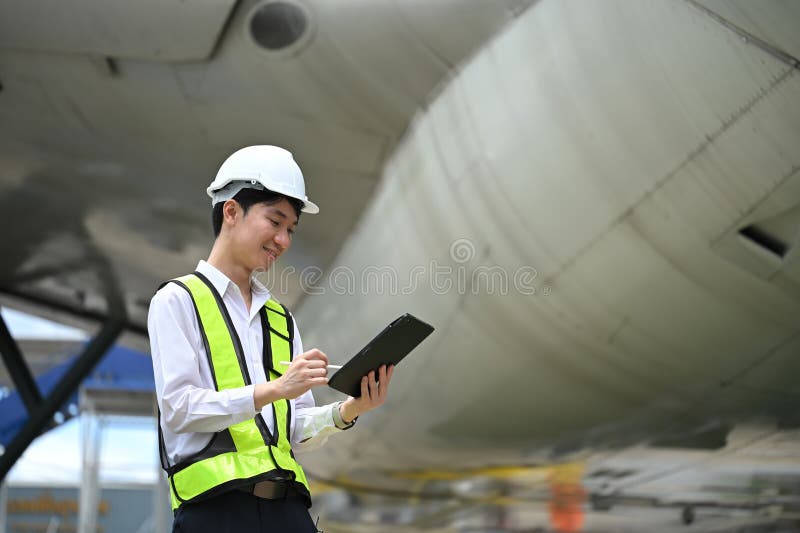 Male Engineer or Aviation Technician Using Digital Tablet in Front of ...