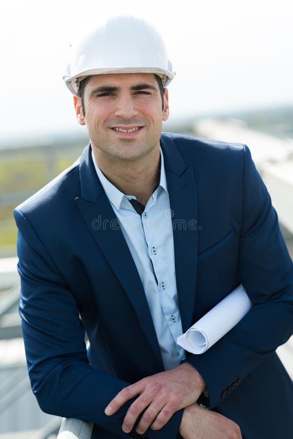 Male Engineer in Helmet Working at Tablet Outdoors Stock Image - Image ...