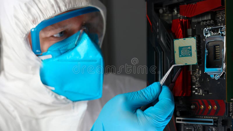 Male Engineer Install Microprocessor in Fast Computer Stock Photo ...