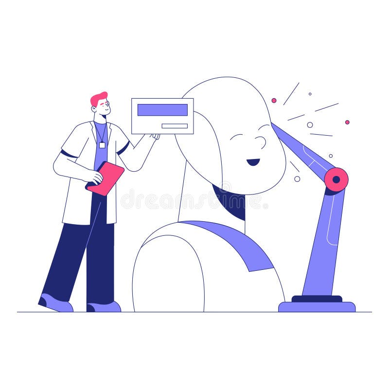 Male Engineer Interacting with a Robotic Head in Flat Vector ...