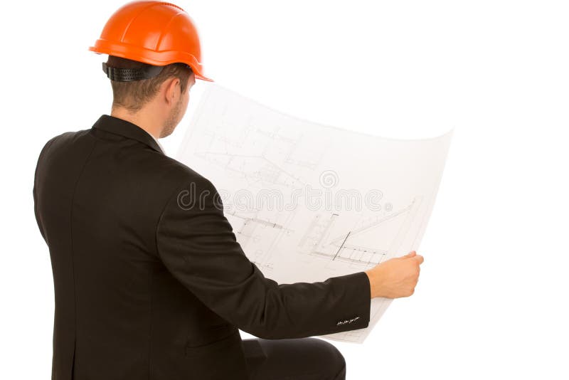 Male Engineer Looking at Blueprint Design Stock Image - Image of ...