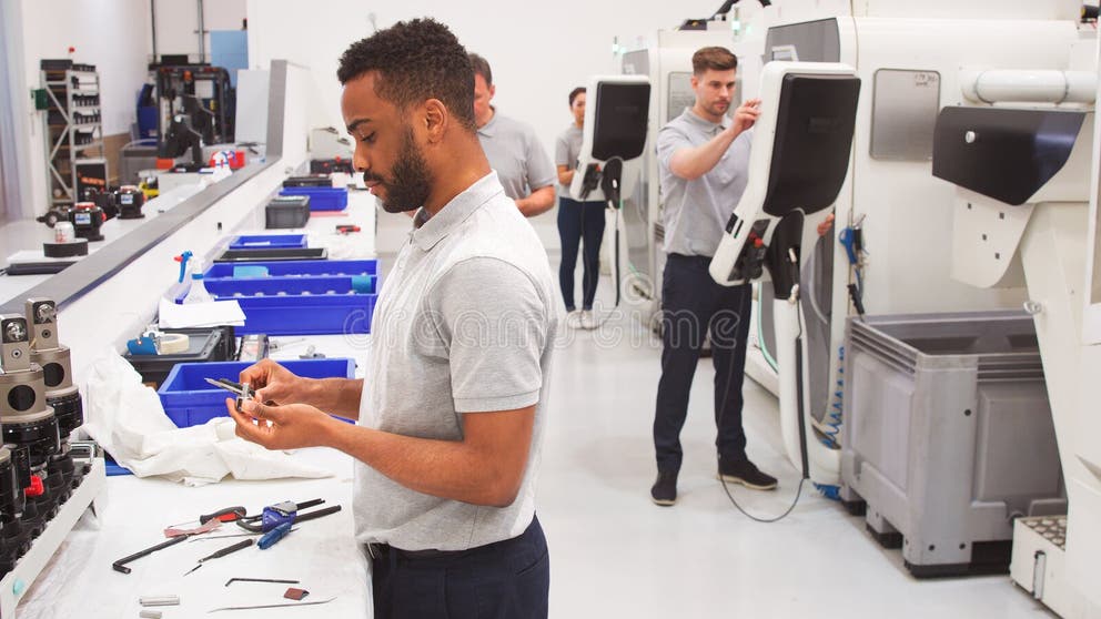 Male Engineer Measuring Components in Hi Tech Engineering Plant Stock ...