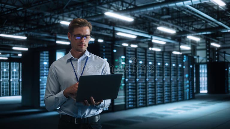 Male Engineer Programs Something and Holding Laptop Computer while Works in a Dark Modern High ...