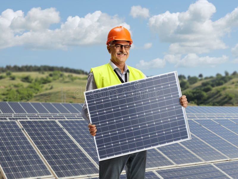 Male Engineer with a Reflective Vest and a Solar Panel in a Field Stock ...