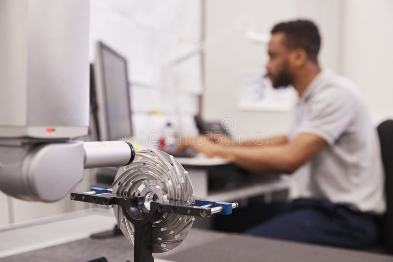 Male Engineer Uses CMM Coordinate Measuring Machine in Factory Stock ...