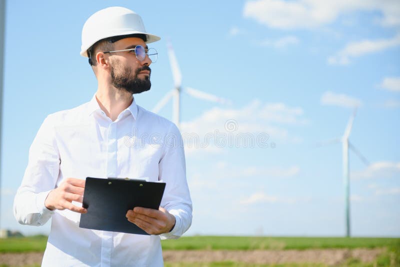 Male Engineer Working with Plan Inspecting or Maintenance of Wind ...