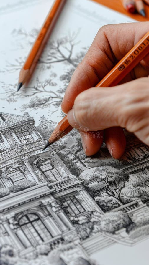 Male Engineer Works with Blueprints Laying on Table, Uses Pencil ...