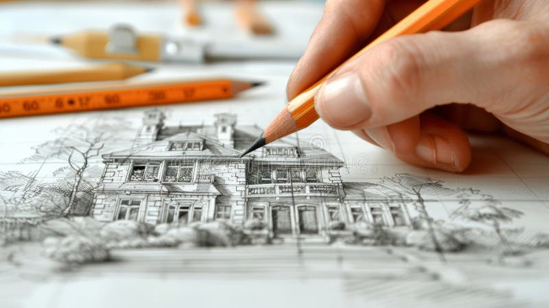 Male Engineer Works with Blueprints Laying on Table, Uses Pencil ...