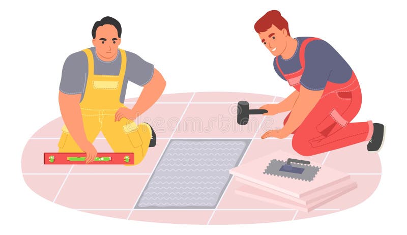 Male Expert Tiler Worker Making Floor Vector Illustration Stock Vector ...