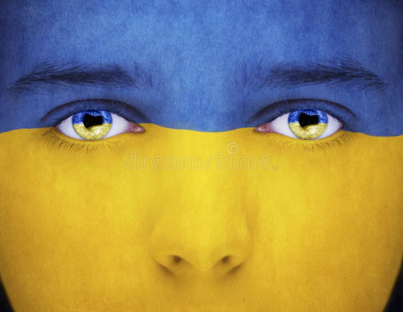 Male Face Painted with the Flag of Ukraine. Reflection Flag of Ukraine ...