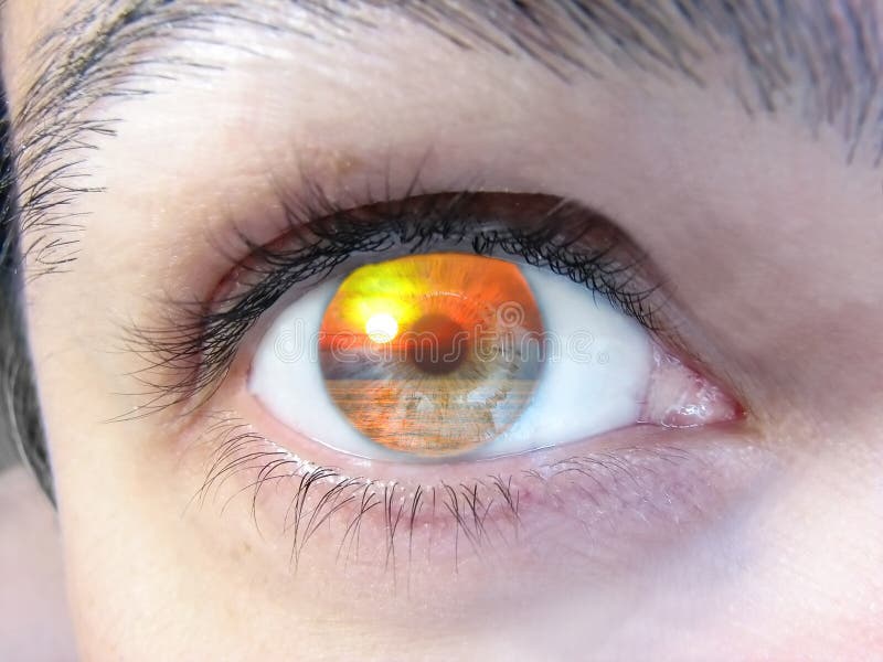 Male Face with Sunset View in the Eye Stock Photo - Image of ...