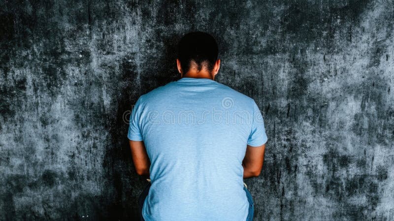 Male Facing Away Against Textured Wall in Blue Shirt Stock Photo ...