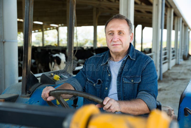 Male farm owner on tractor stock photo. Image of farmland - 241686520