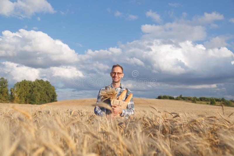 Male Farmer or Baker with Baguettes in Rye, Wheat Field Stock Photo ...